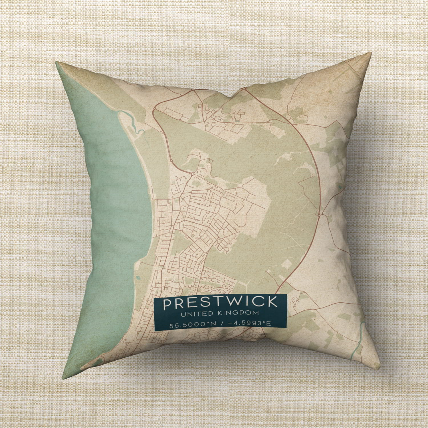Vintage Prestwick United Kingdom Map Pillow, Custom Double Sided Pillow ...