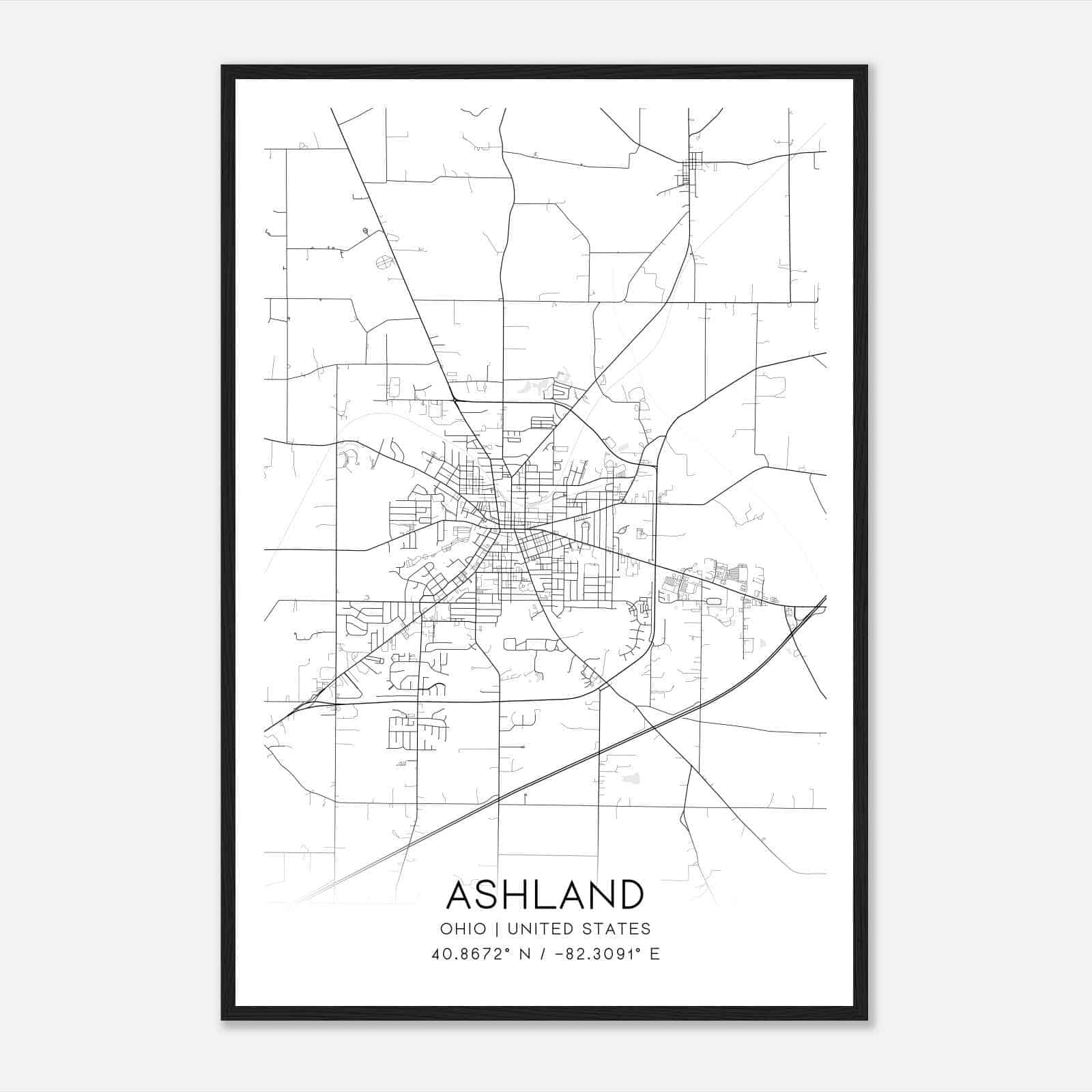Ashland Ohio Map Poster, Modern Home Decor Wall Art Print - Custom Maps & Posters
