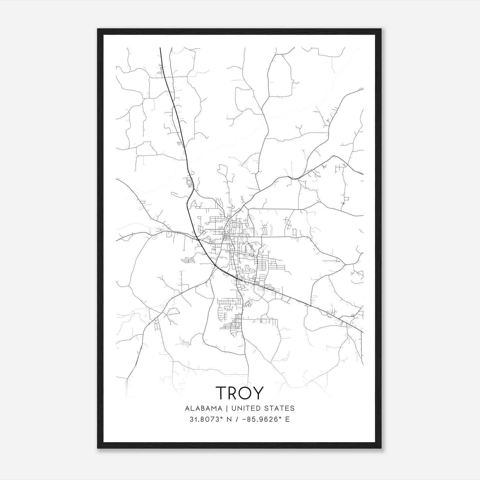 Troy Alabama Map Poster, Modern Home Decor Wall Art Print - Custom Maps ...