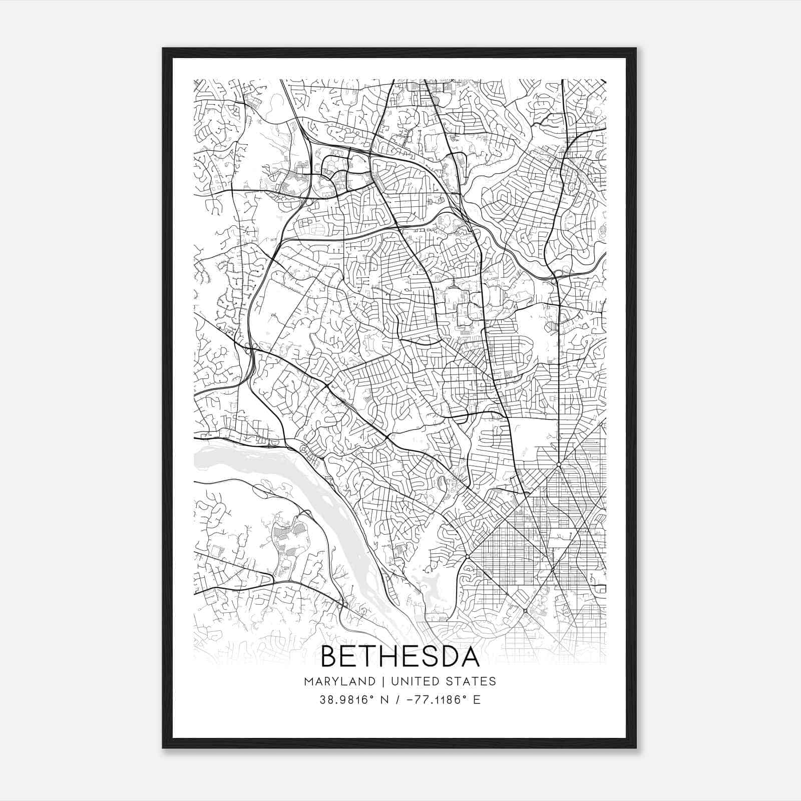 Bethesda Maryland Map Poster, Modern Home Decor Wall Art Print - Custom ...