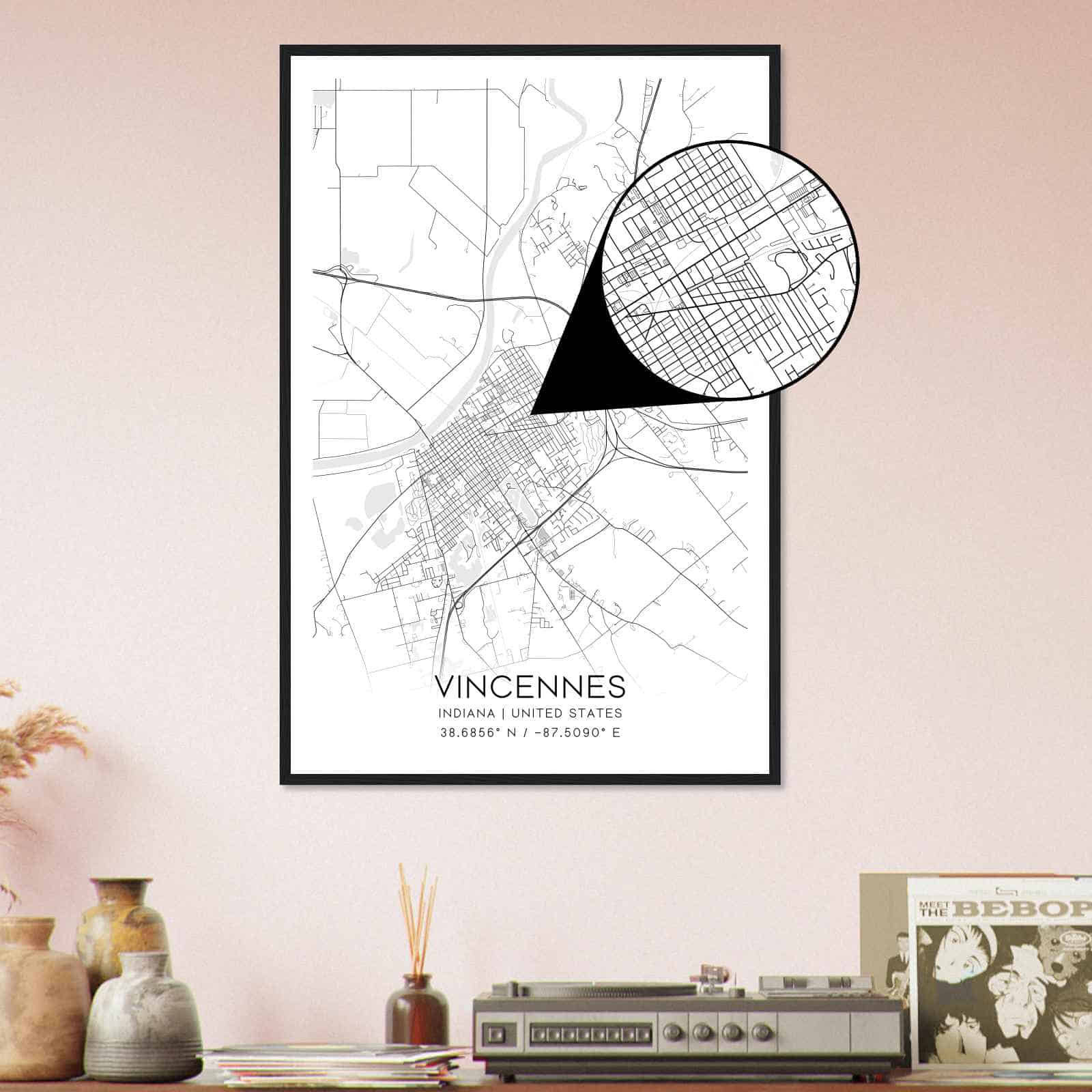 Vincennes Indiana Map Poster, Modern Home Decor Wall Art Print - Custom ...
