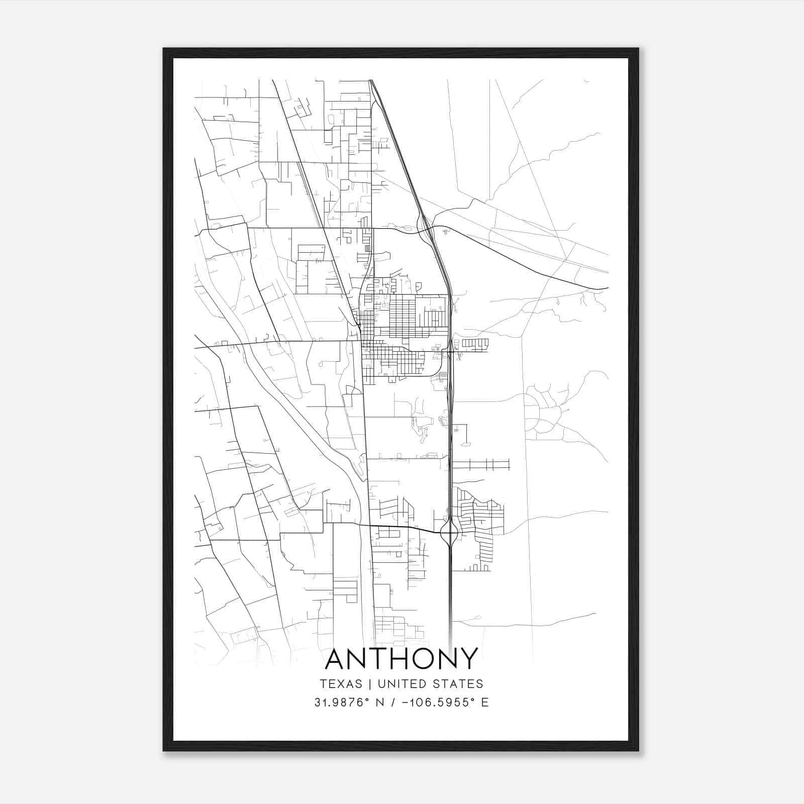 Anthony Texas Map Poster, Modern Home Decor Wall Art Print - Custom ...