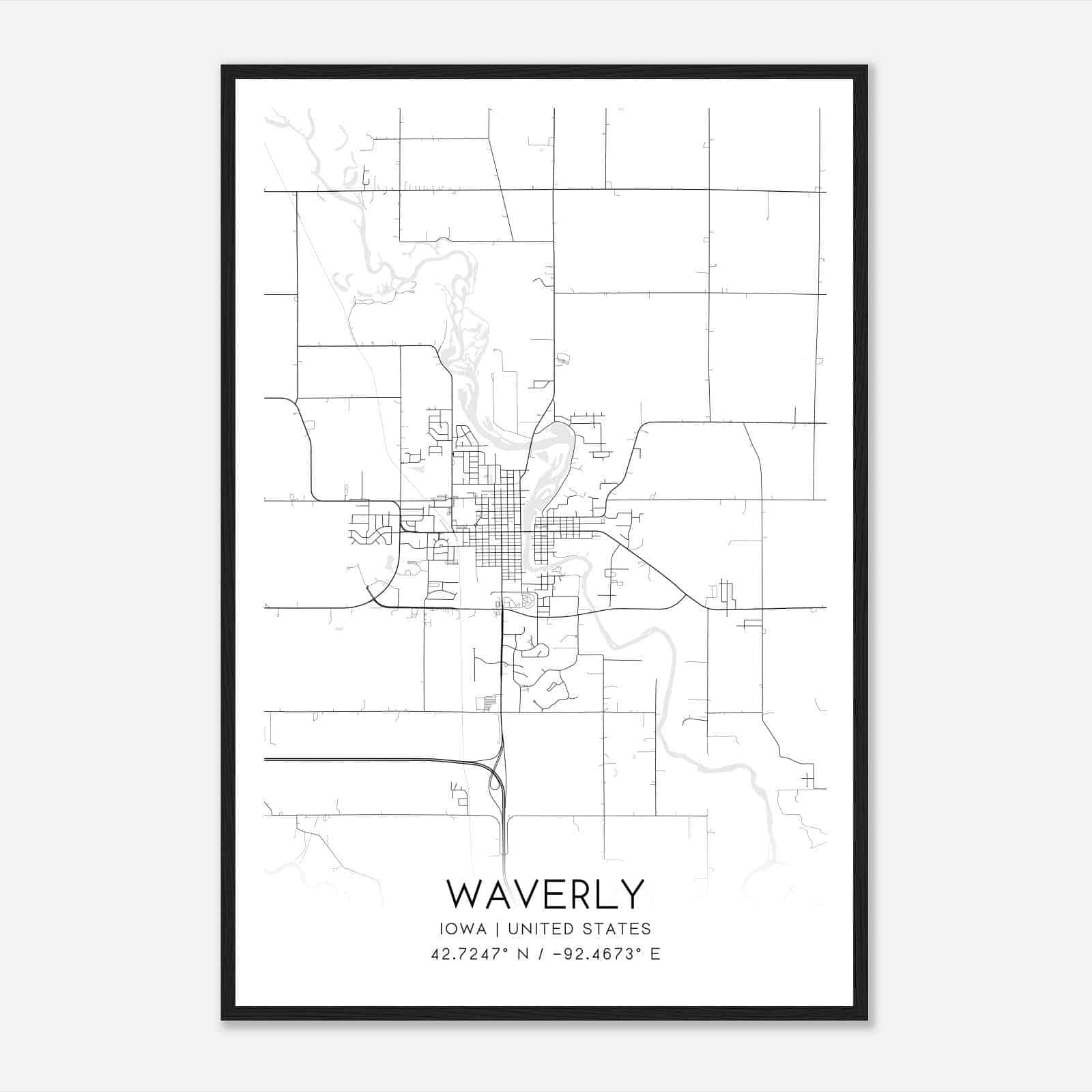 Waverly Iowa Map Poster, Modern Home Decor Wall Art Print - Custom Maps ...