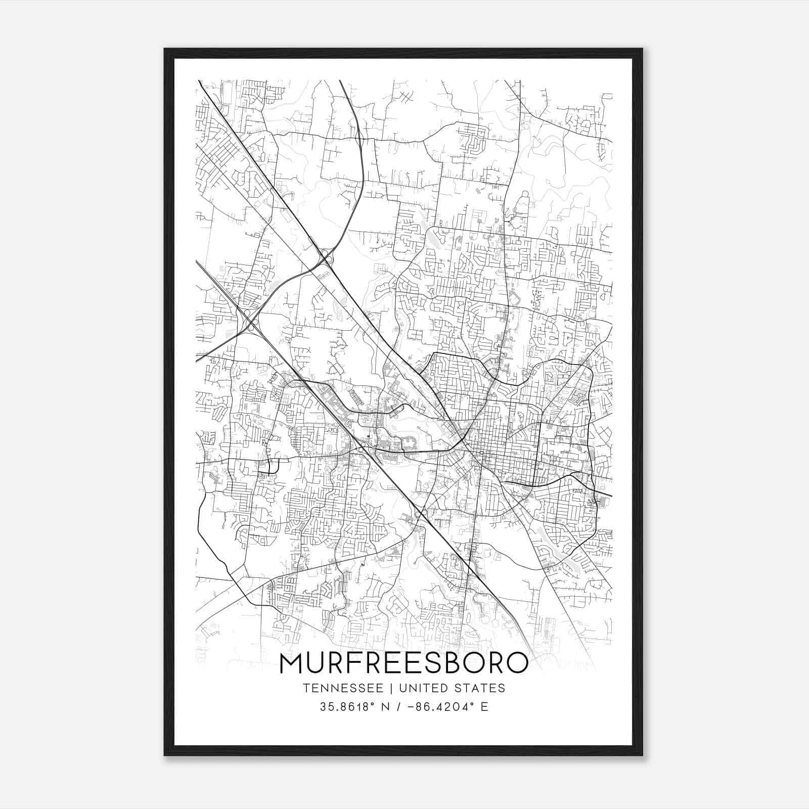 Murfreesboro Tennessee Map Poster, Modern Home Decor Wall Art Print ...