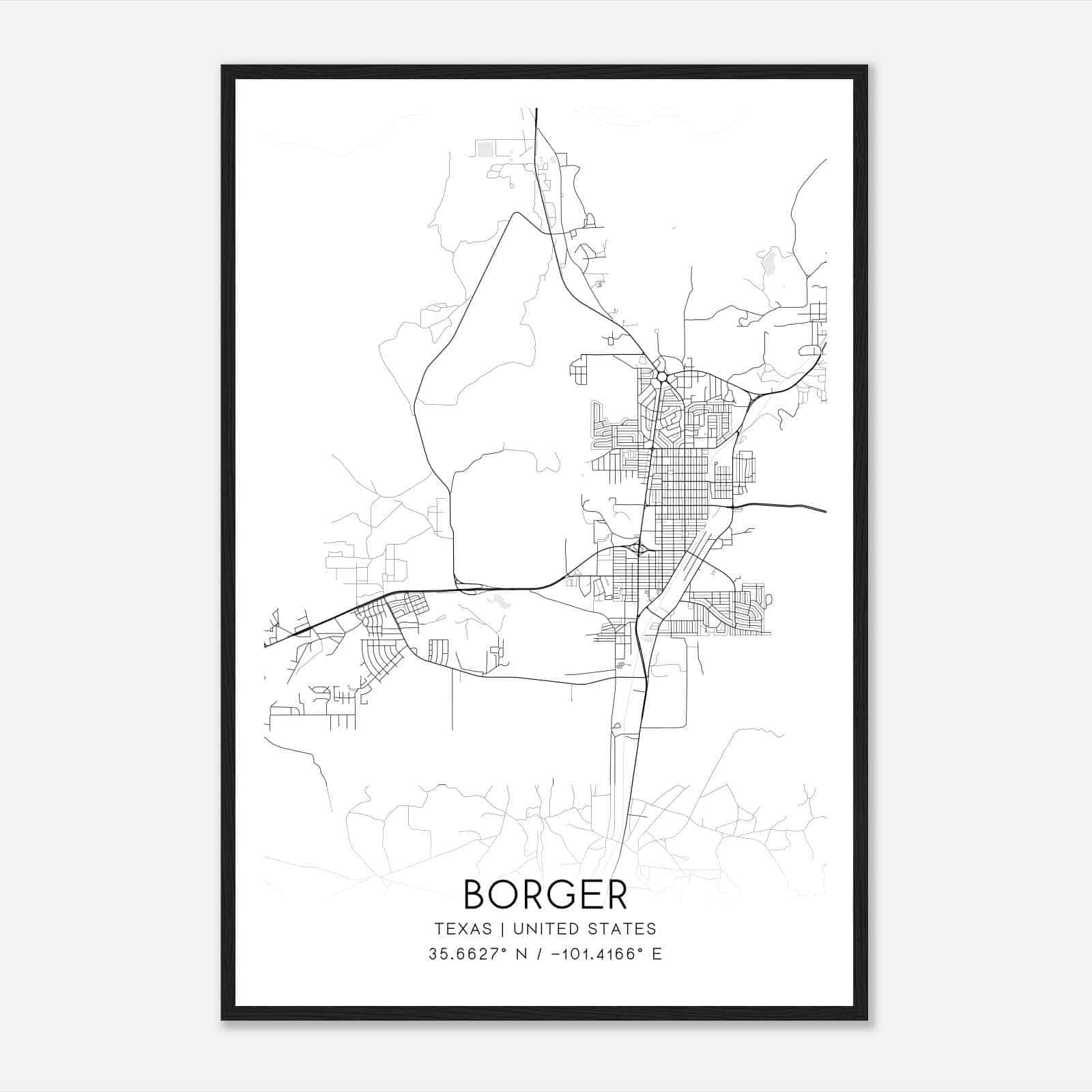 Borger Texas Map Poster, Modern Home Decor Wall Art Print - Custom Maps ...