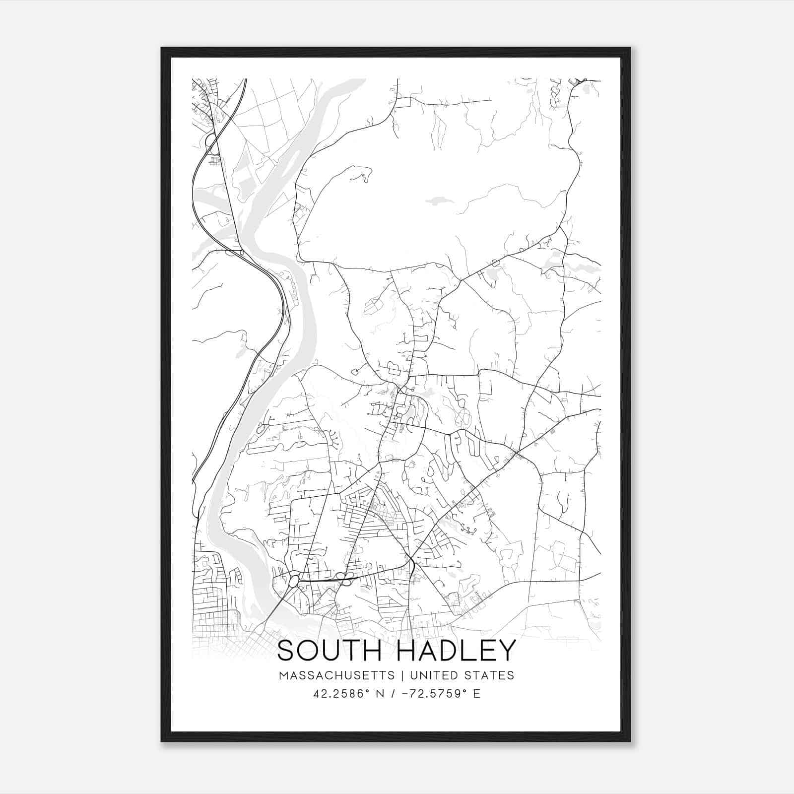 South Hadley Massachusetts Map Poster, Modern Home Decor Wall Art Print ...