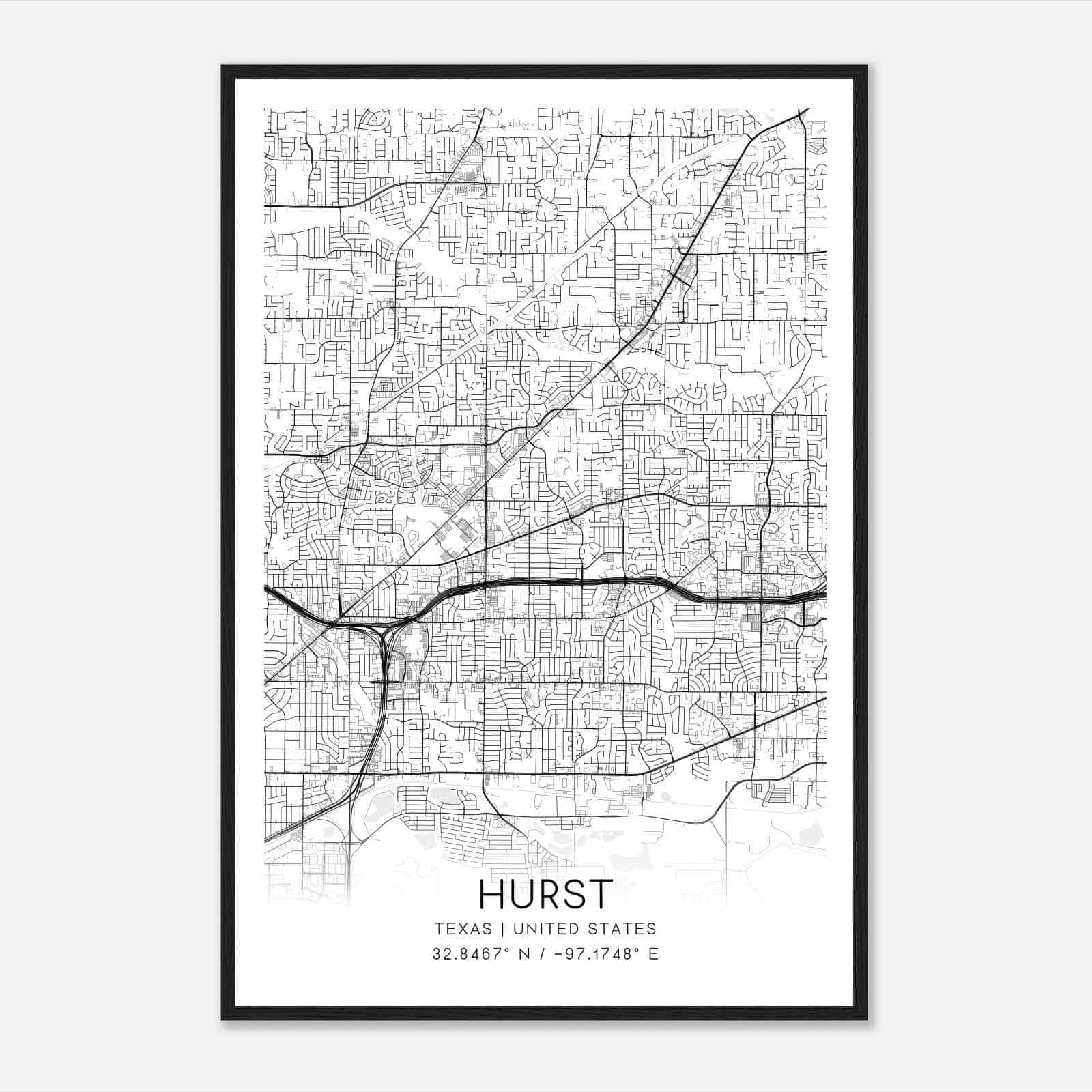 Hurst Texas Map Poster, Modern Home Decor Wall Art Print - Custom Maps ...