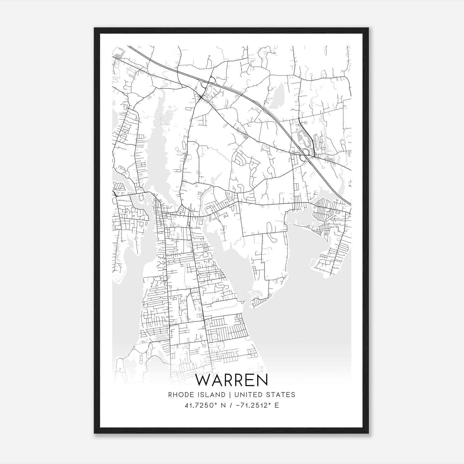 Warren Rhode Island Map Poster, Modern Home Decor Wall Art Print ...
