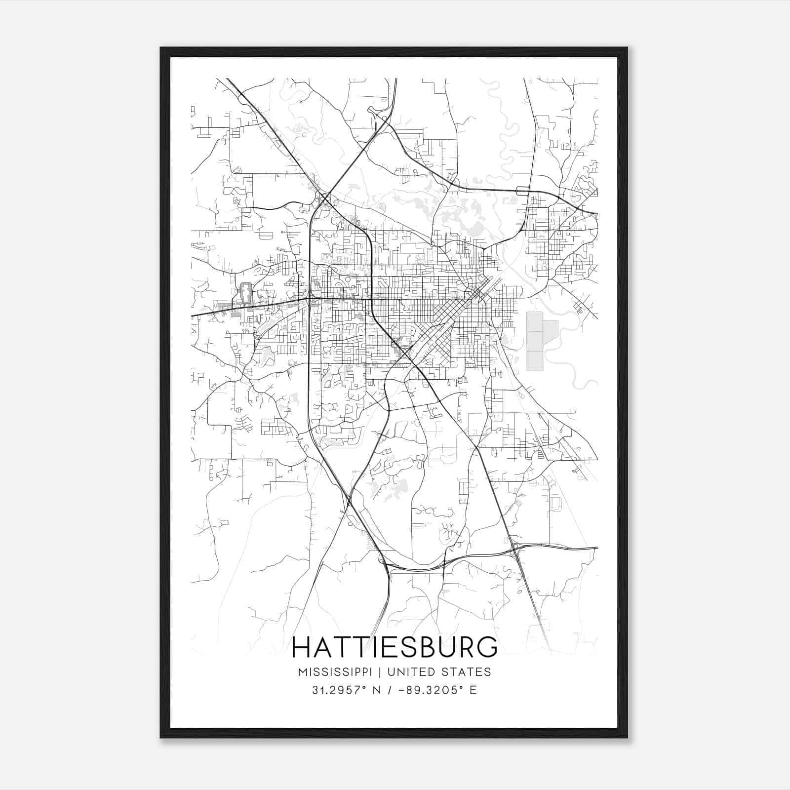 Hattiesburg Mississippi Map Poster, Modern Home Decor Wall Art Print ...