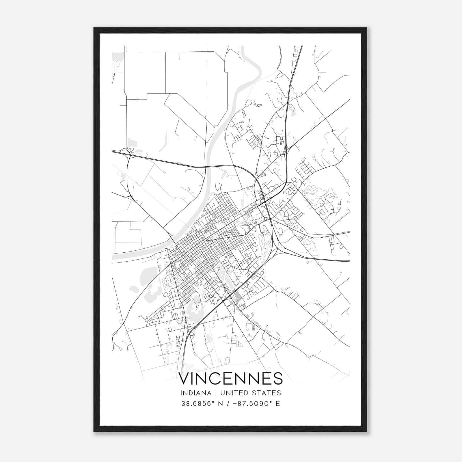 Vincennes Indiana Map Poster, Modern Home Decor Wall Art Print - Custom ...