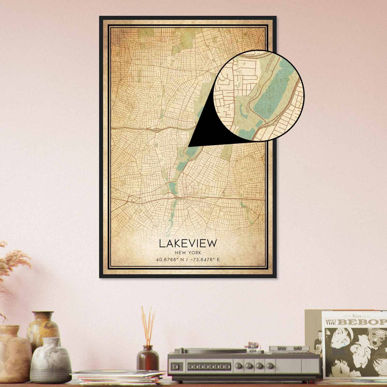 Vintage Lakeview New York Map Poster, Modern Home Decor Wall Art Print ...