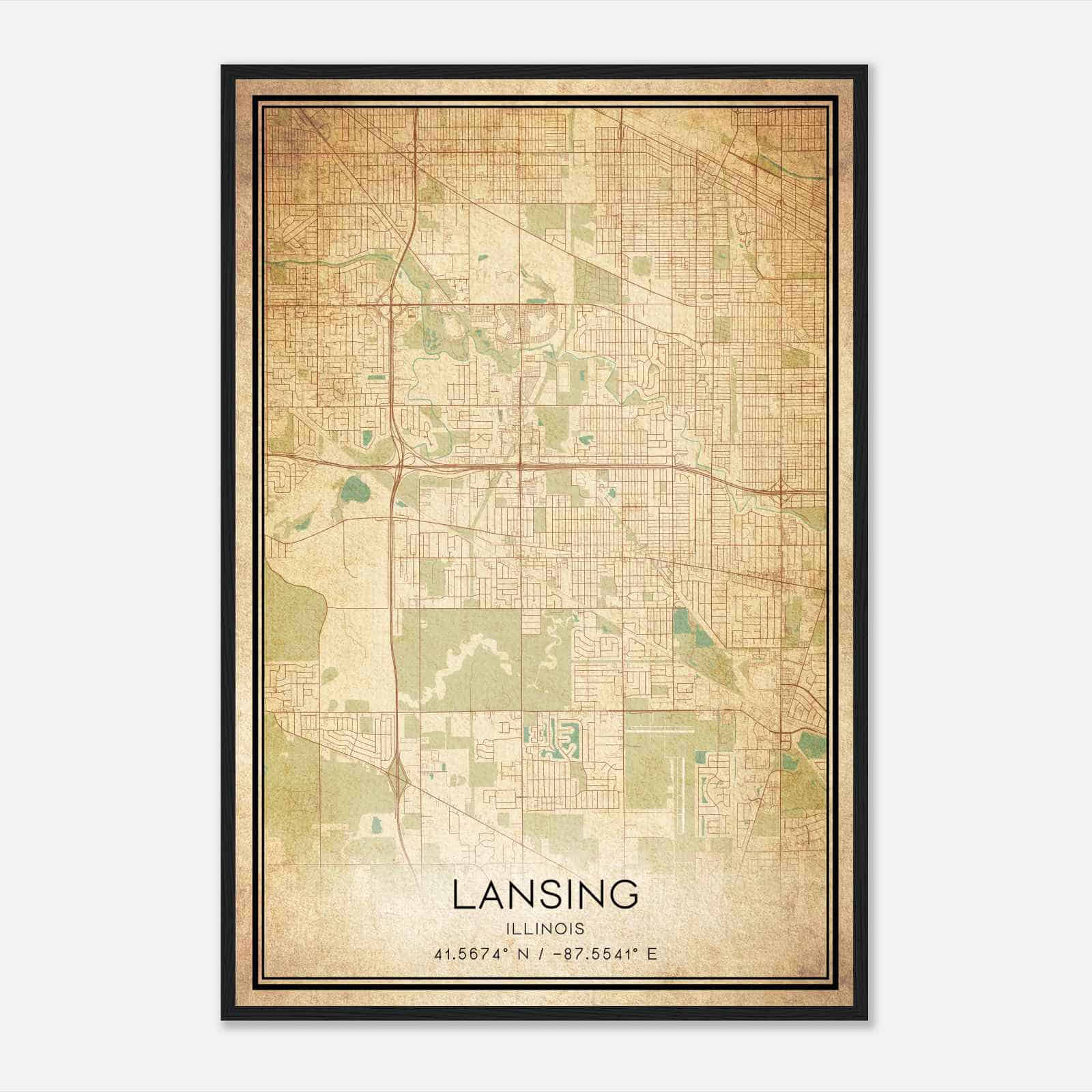 Vintage Lansing Illinois Map Poster, Modern Home Decor Wall Art Print ...