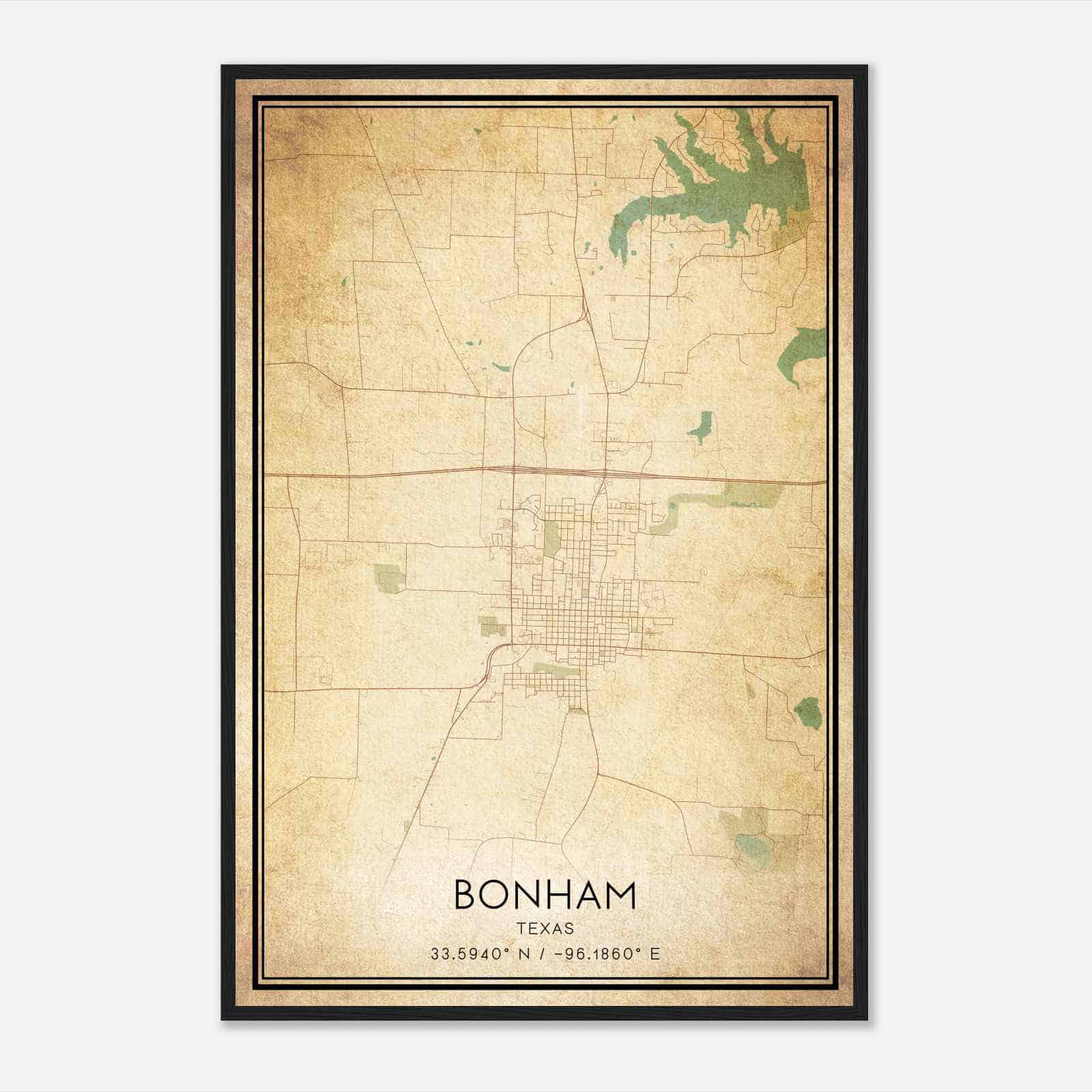 Vintage Bonham Texas Map Poster, Modern Home Decor Wall Art Print ...