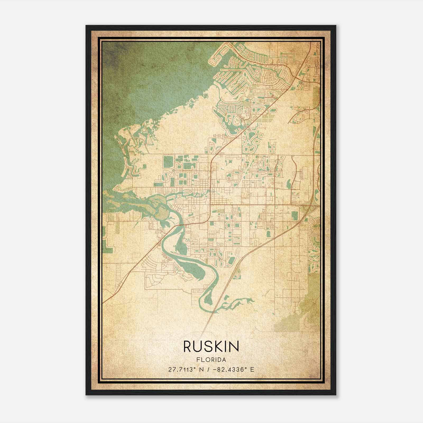 Vintage Ruskin Florida Map Poster, Modern Home Decor Wall Art Print ...