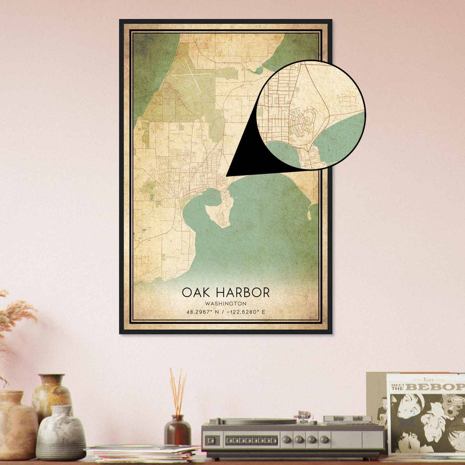 Vintage Oak Harbor Washington Map Poster, Modern Home Decor Wall Art ...