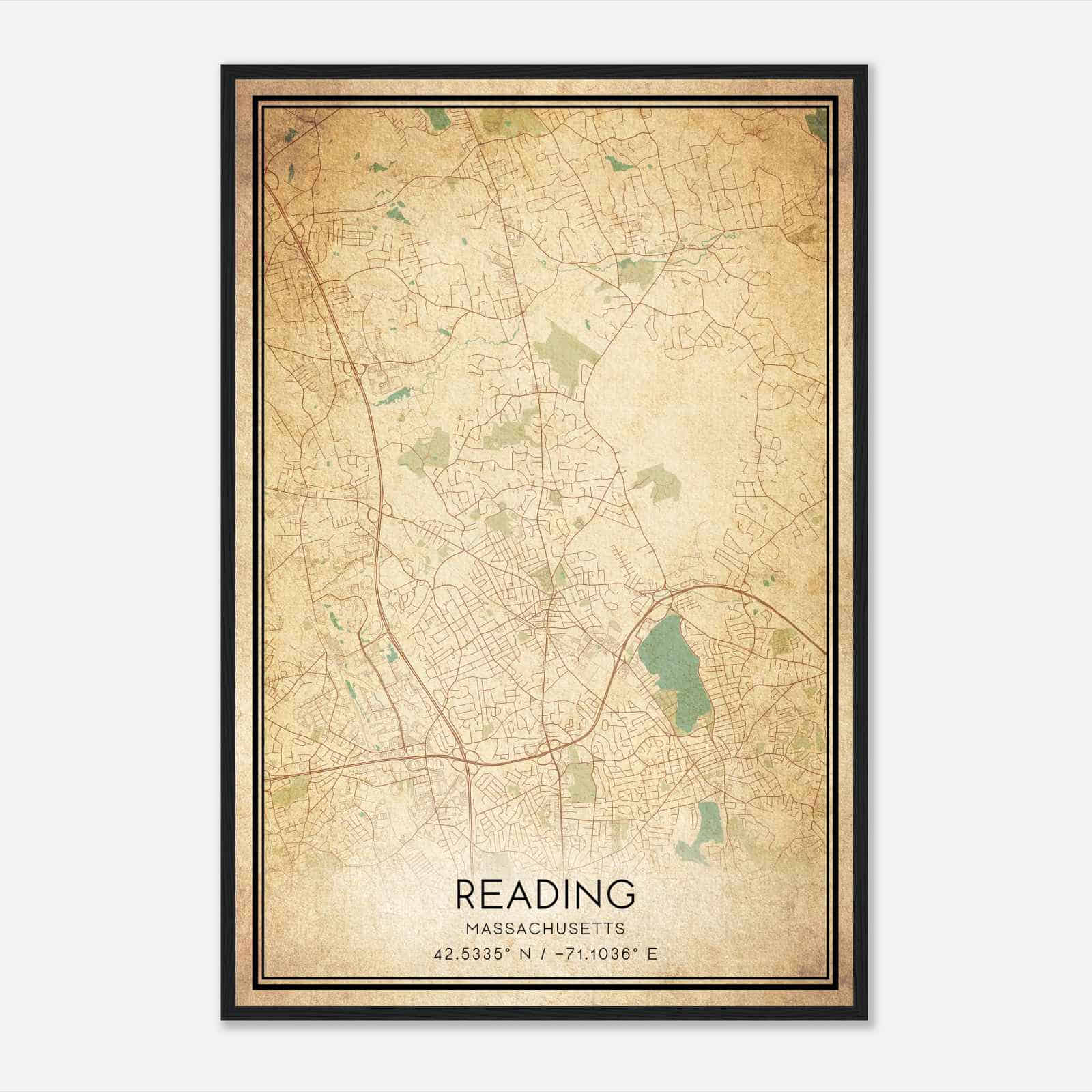 Vintage Reading Massachusetts Map Poster, Modern Home Decor Wall Art ...