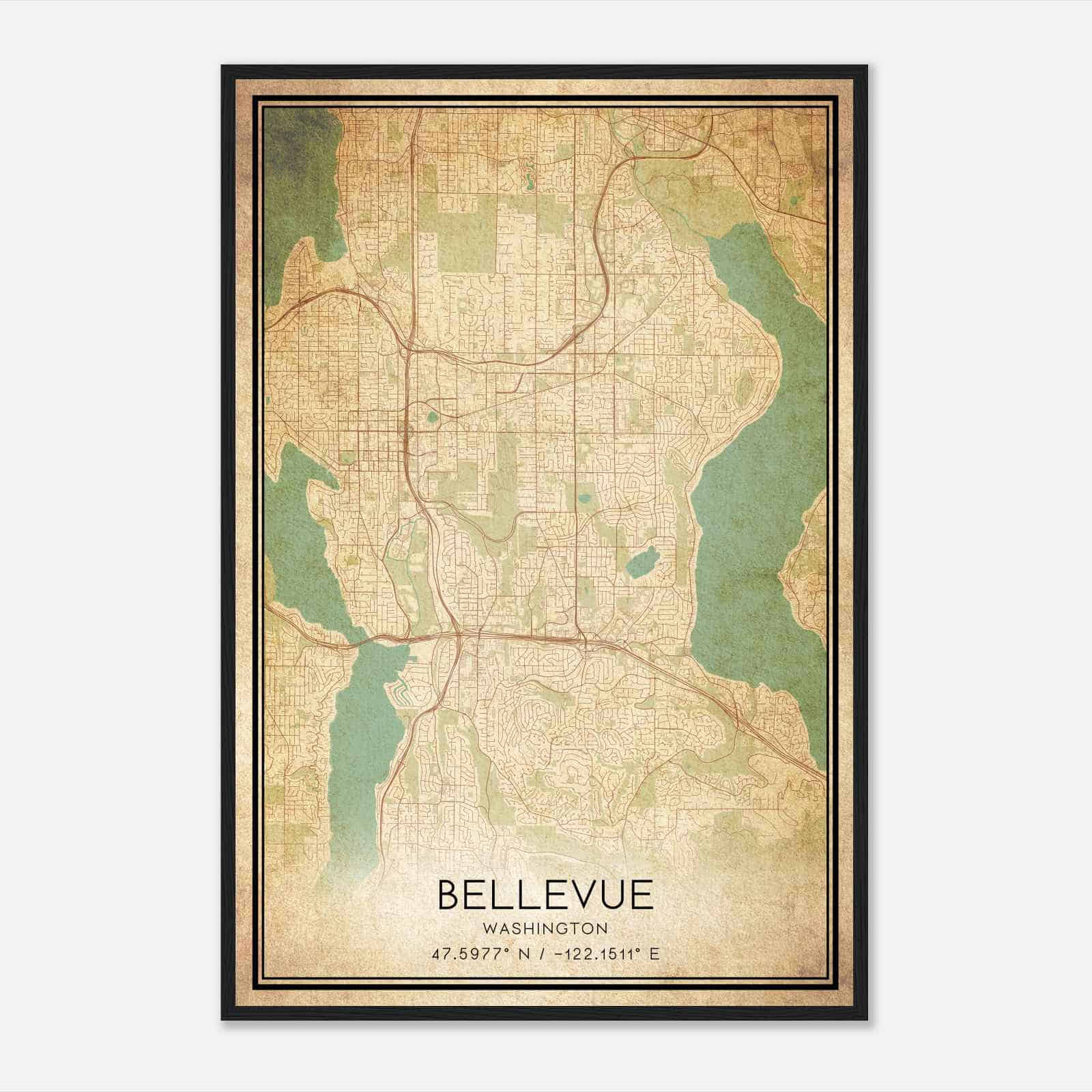 Vintage Bellevue Washington Map Poster, Modern Home Decor Wall Art ...
