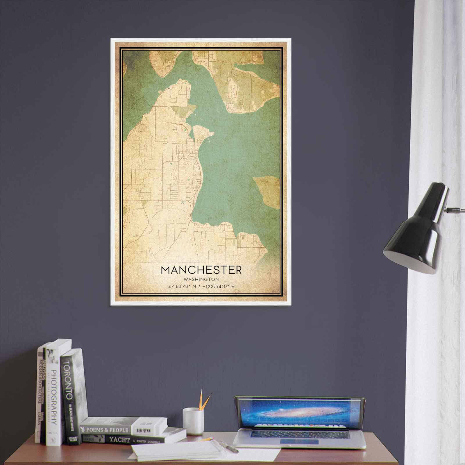 Vintage Manchester Washington Map Poster, Modern Home Decor Wall Art ...
