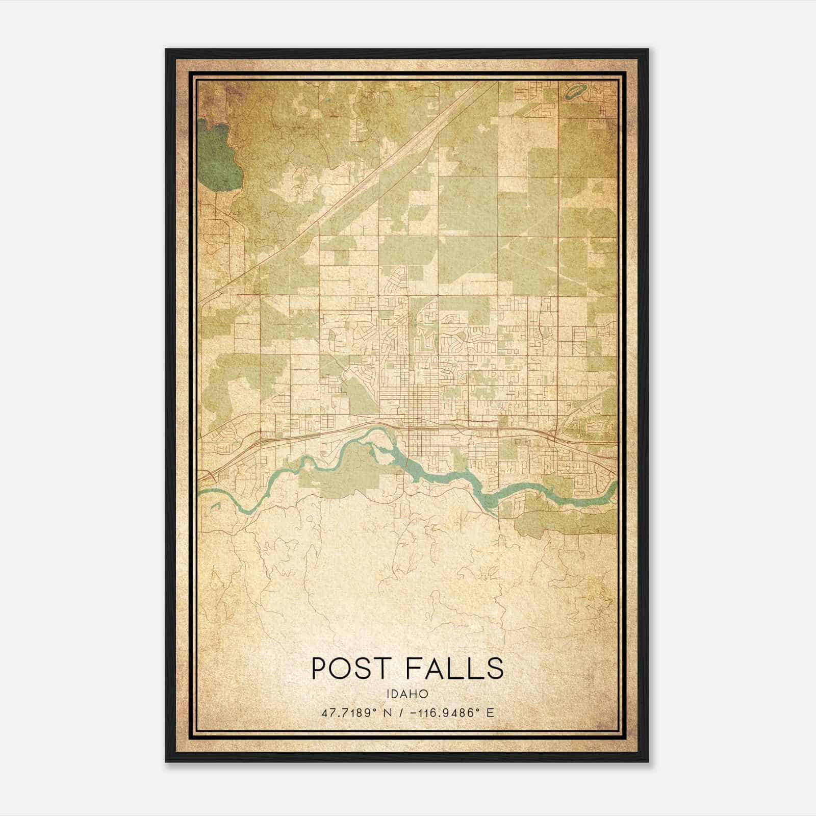 Vintage Post Falls Idaho Map Poster, Modern Home Decor Wall Art Print ...