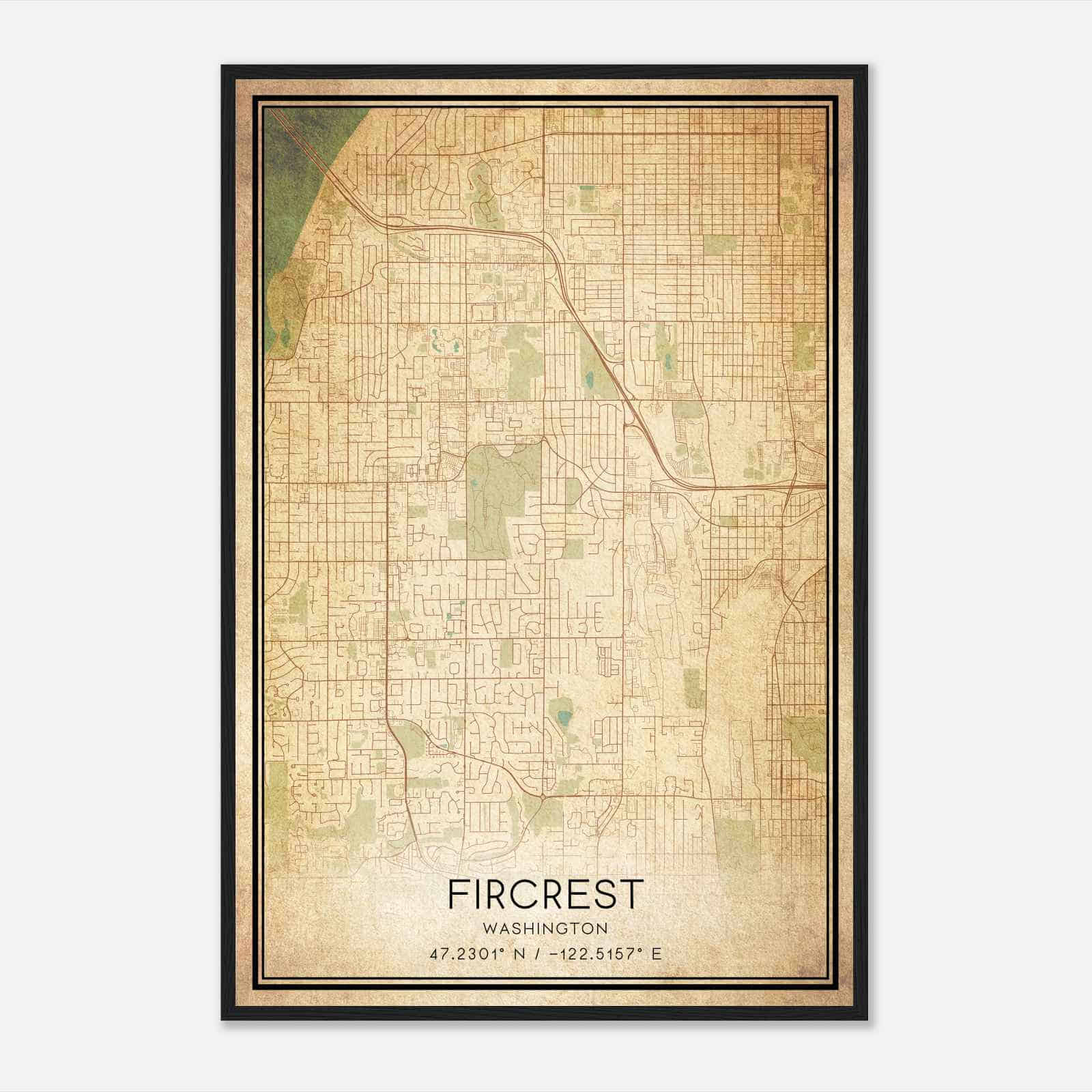 Vintage Fircrest Washington Map Poster, Modern Home Decor Wall Art ...