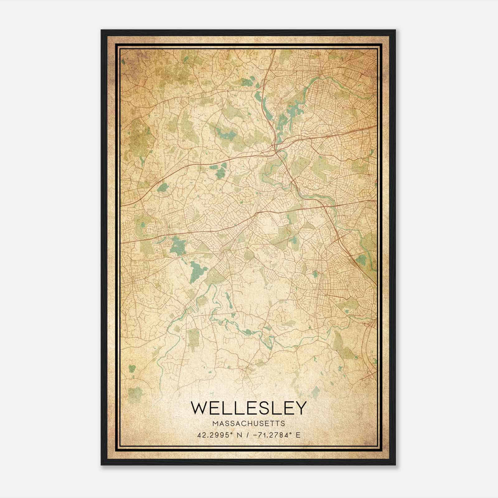Vintage Wellesley Massachusetts Map Poster, Modern Home Decor Wall Art ...
