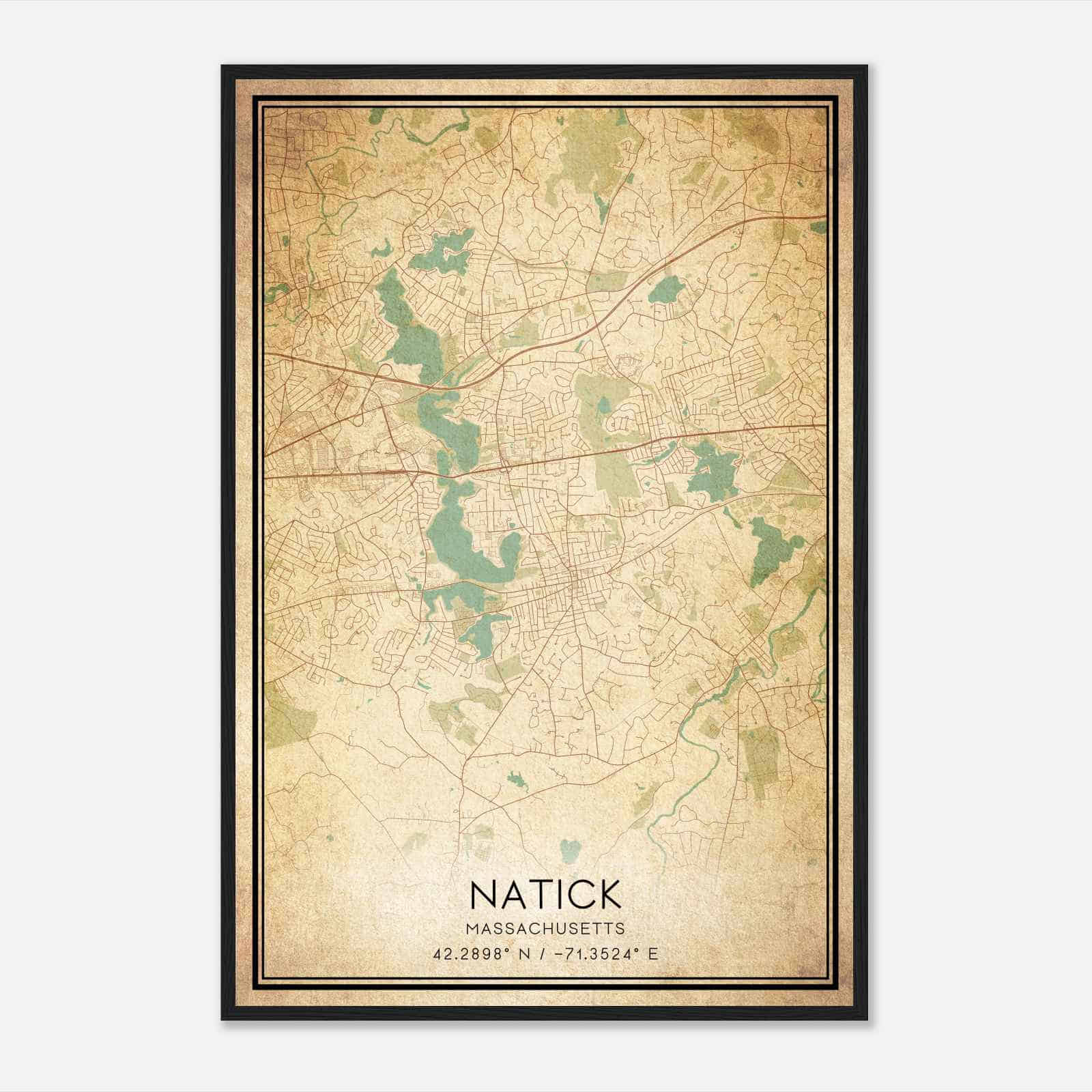 Vintage Natick Massachusetts Map Poster, Modern Home Decor Wall Art Print - Custom Maps & Posters