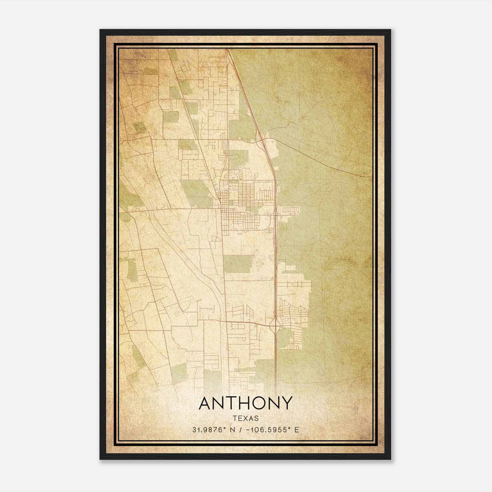 Vintage Anthony Texas Map Poster, Modern Home Decor Wall Art Print ...