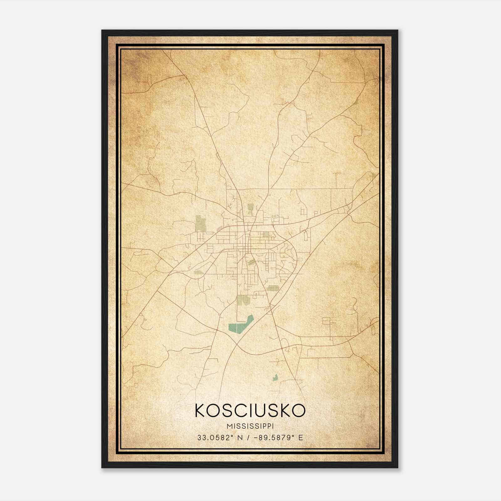 Vintage Kosciusko Mississippi Map Poster, Modern Home Decor Wall Art ...