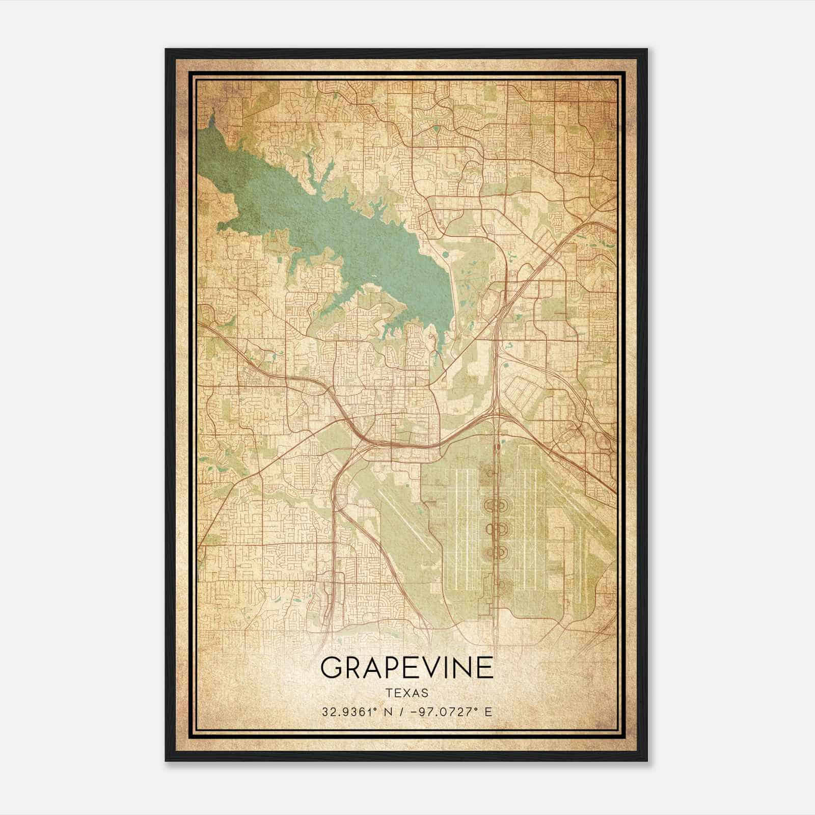 Vintage Grapevine Texas Map Poster, Modern Home Decor Wall Art Print ...