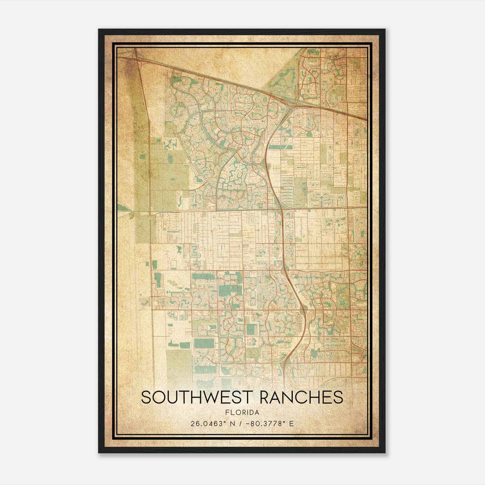 Vintage Southwest Ranches Florida Map Poster, Modern Home Decor Wall ...