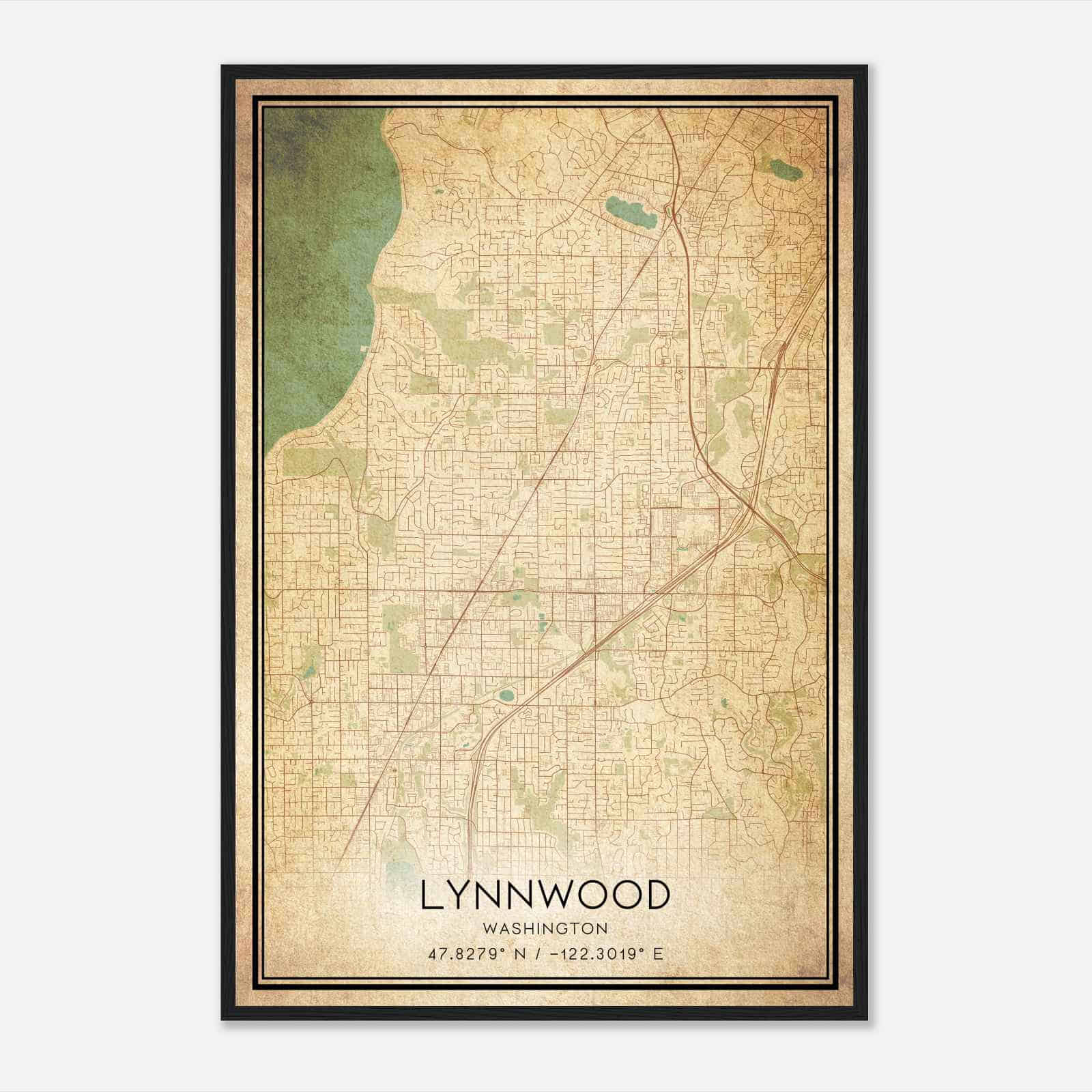 Vintage Lynnwood Washington Map Poster, Modern Home Decor Wall Art ...