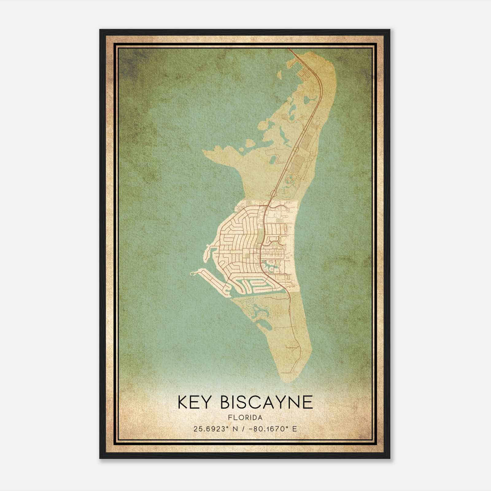 Vintage Key Biscayne Florida Map Poster, Modern Home Decor Wall Art ...