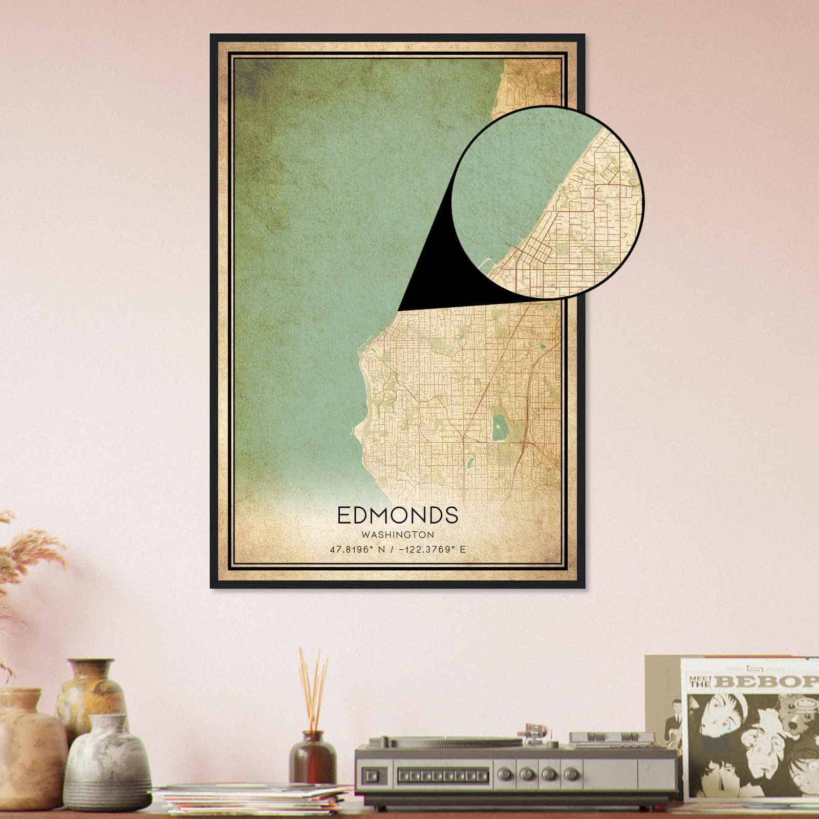 Vintage Edmonds Washington Map Poster, Modern Home Decor Wall Art Print ...