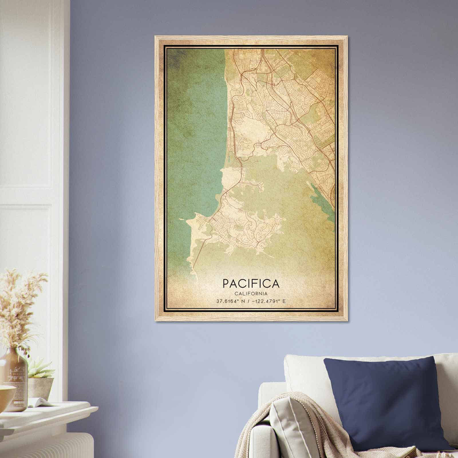 Vintage Pacifica California Map Poster, Modern Home Decor Wall Art ...