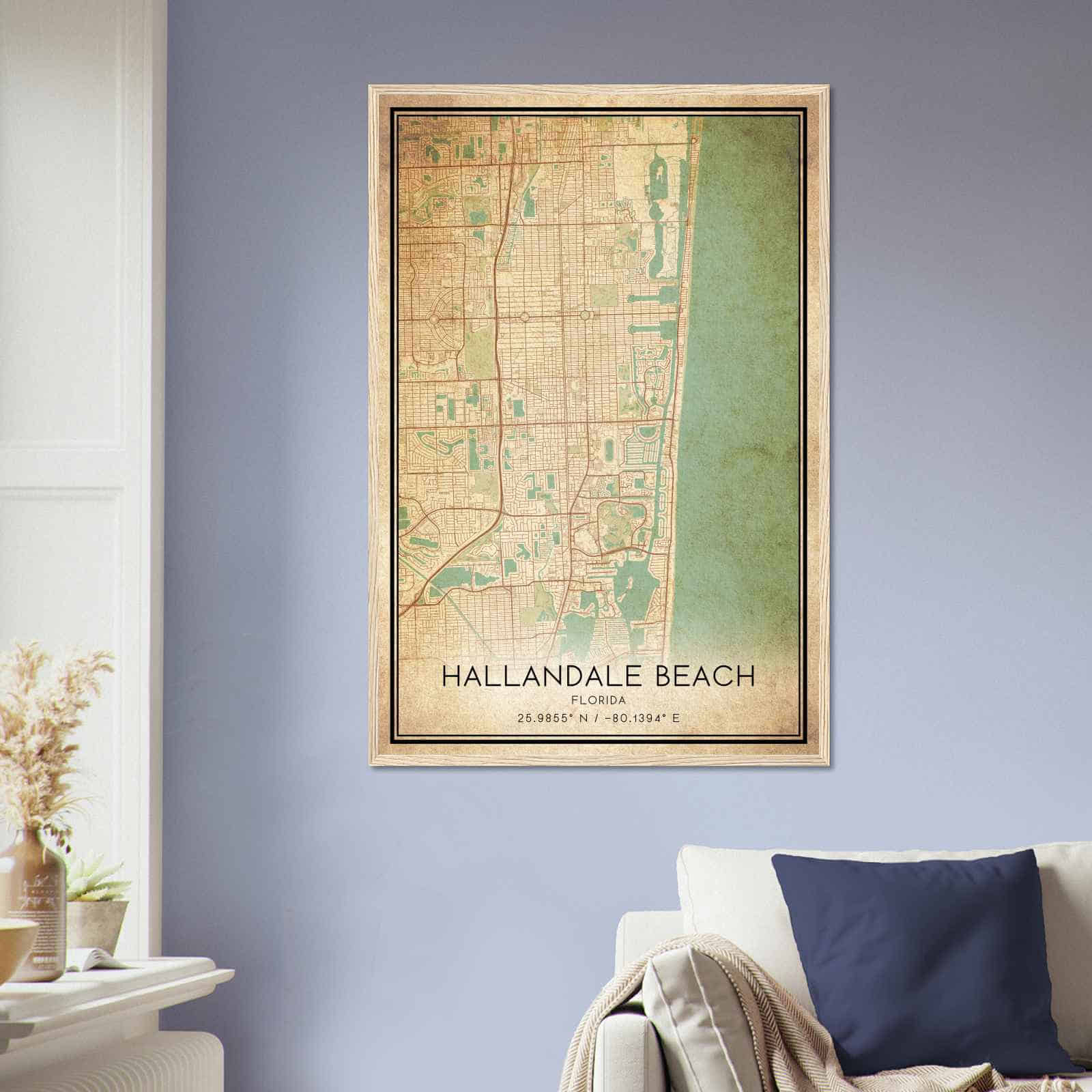 Vintage Hallandale Beach Florida Map Poster, Modern Home Decor Wall Art ...