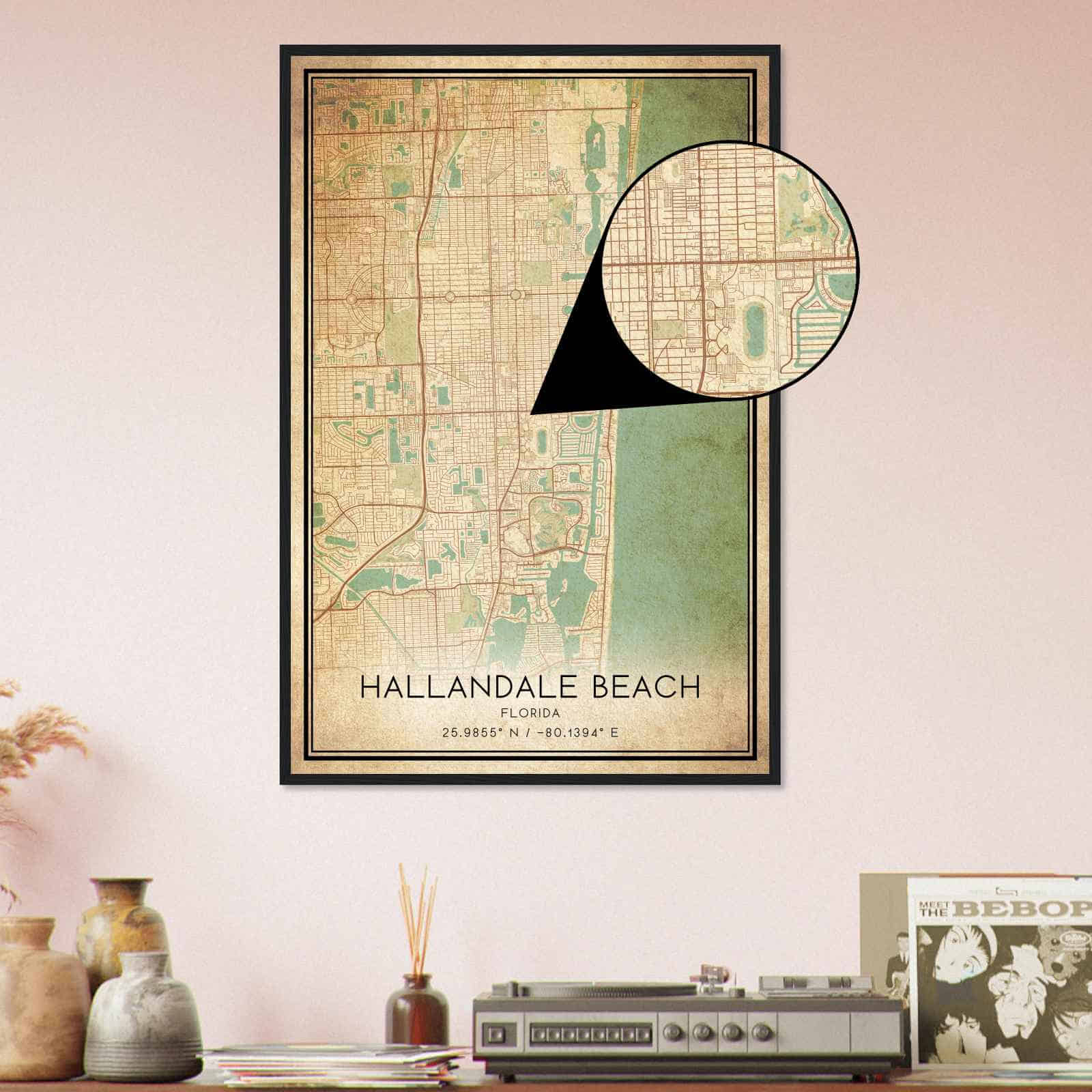 Vintage Hallandale Beach Florida Map Poster, Modern Home Decor Wall Art ...