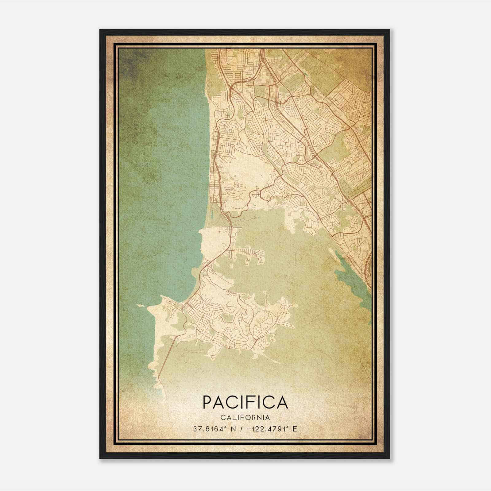 Vintage Pacifica California Map Poster, Modern Home Decor Wall Art ...