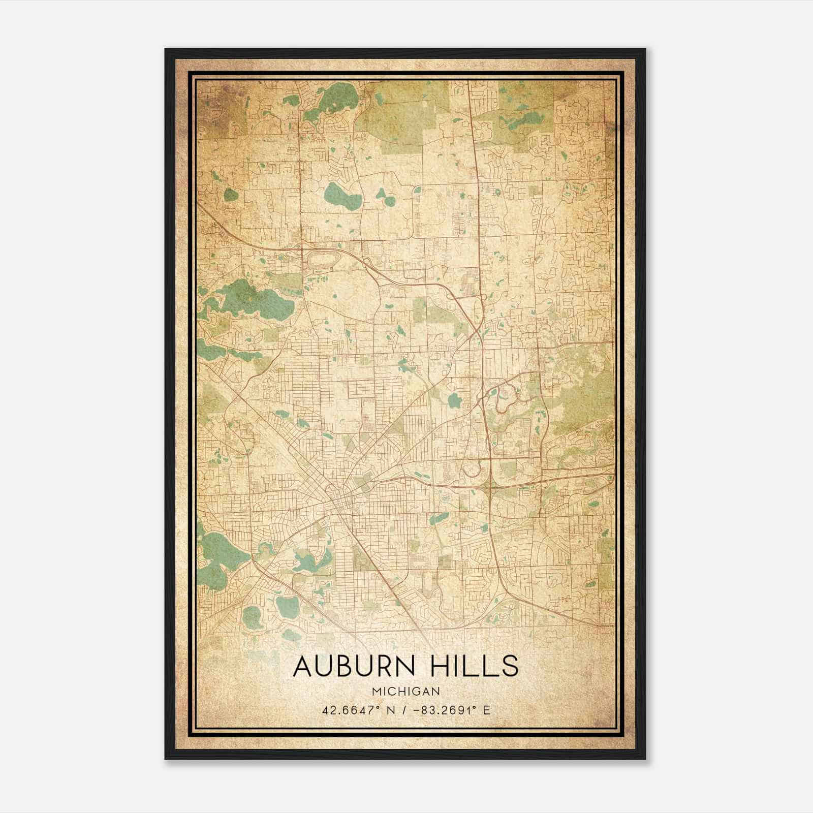 Vintage Auburn Hills Michigan Map Poster, Modern Home Decor Wall Art ...