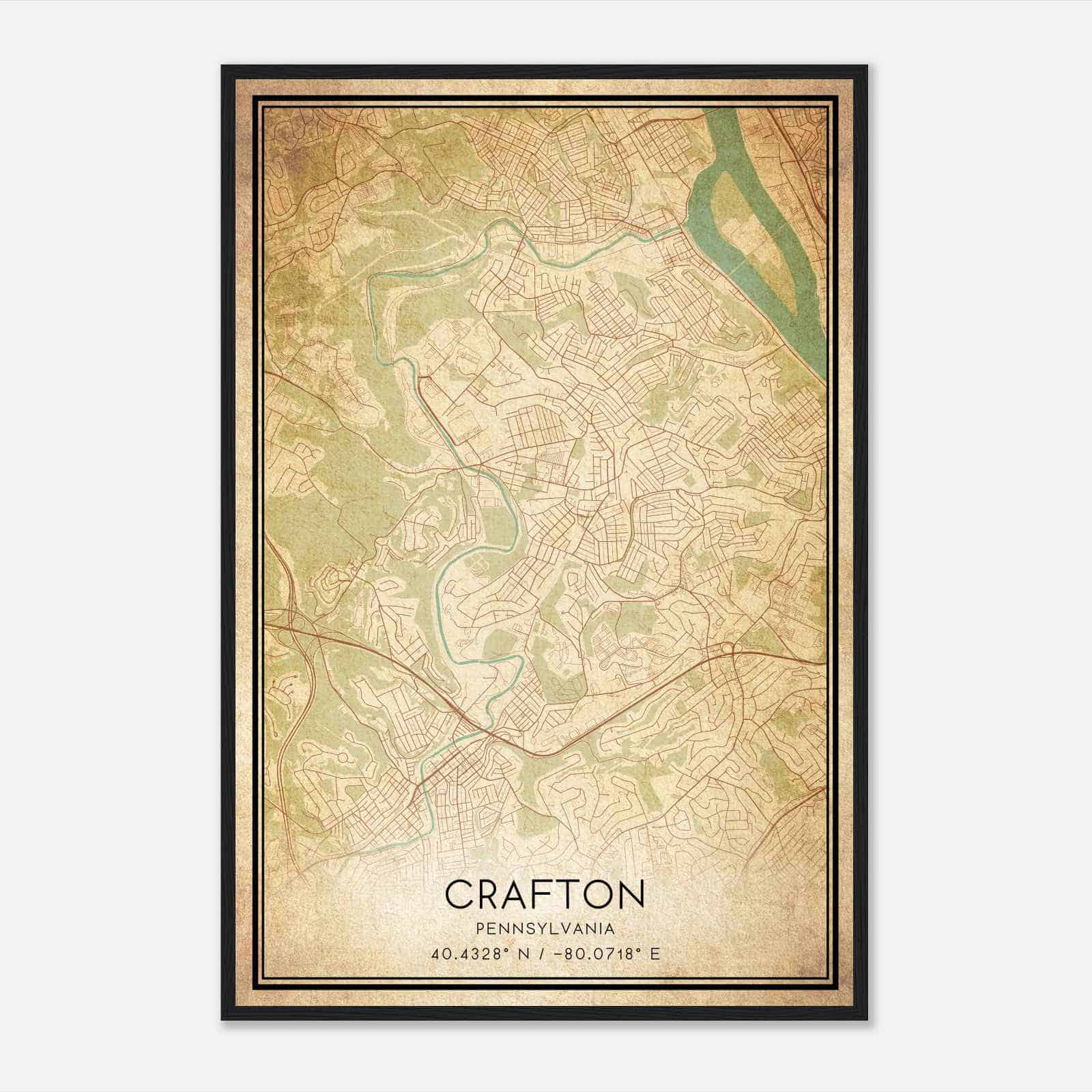 Vintage Crafton Pennsylvania Map Poster, Modern Home Decor Wall Art ...