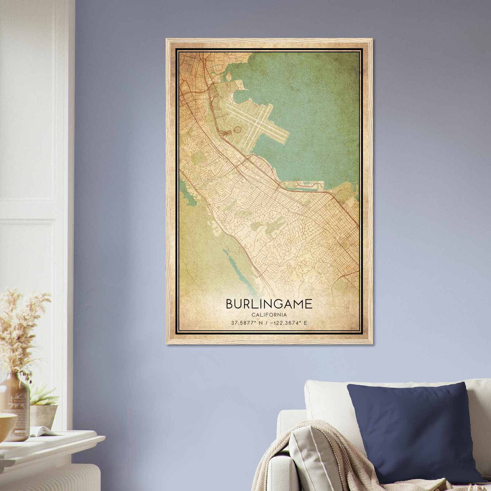Vintage Burlingame California Map Poster, Modern Home Decor Wall Art ...