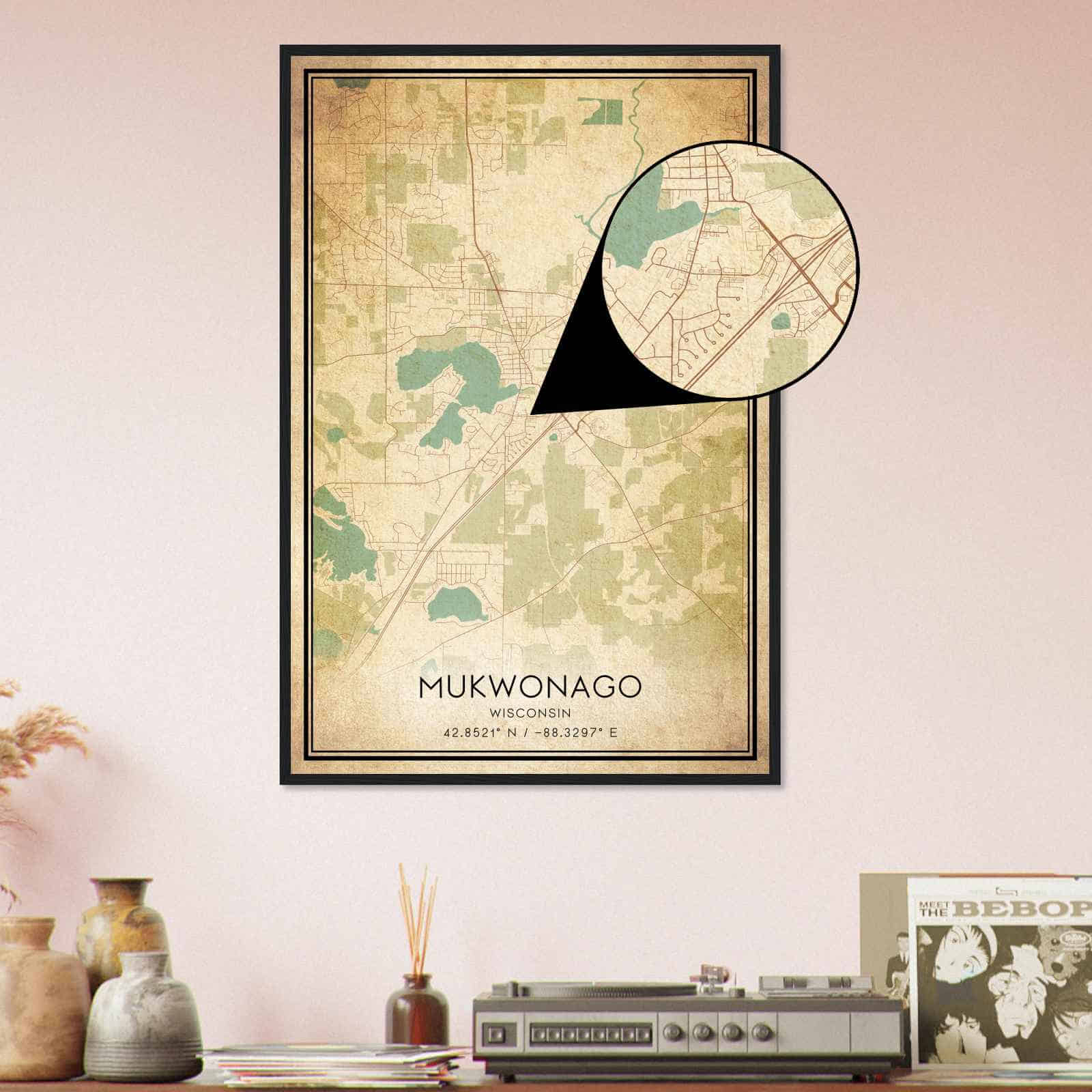 Vintage Mukwonago Wisconsin Map Poster, Modern Home Decor Wall Art ...