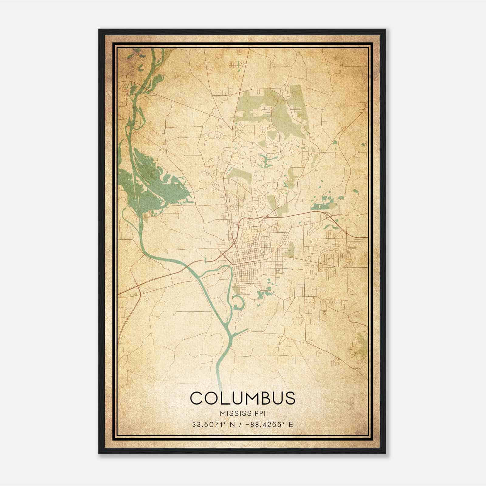 Vintage Columbus Mississippi Map Poster, Modern Home Decor Wall Art ...