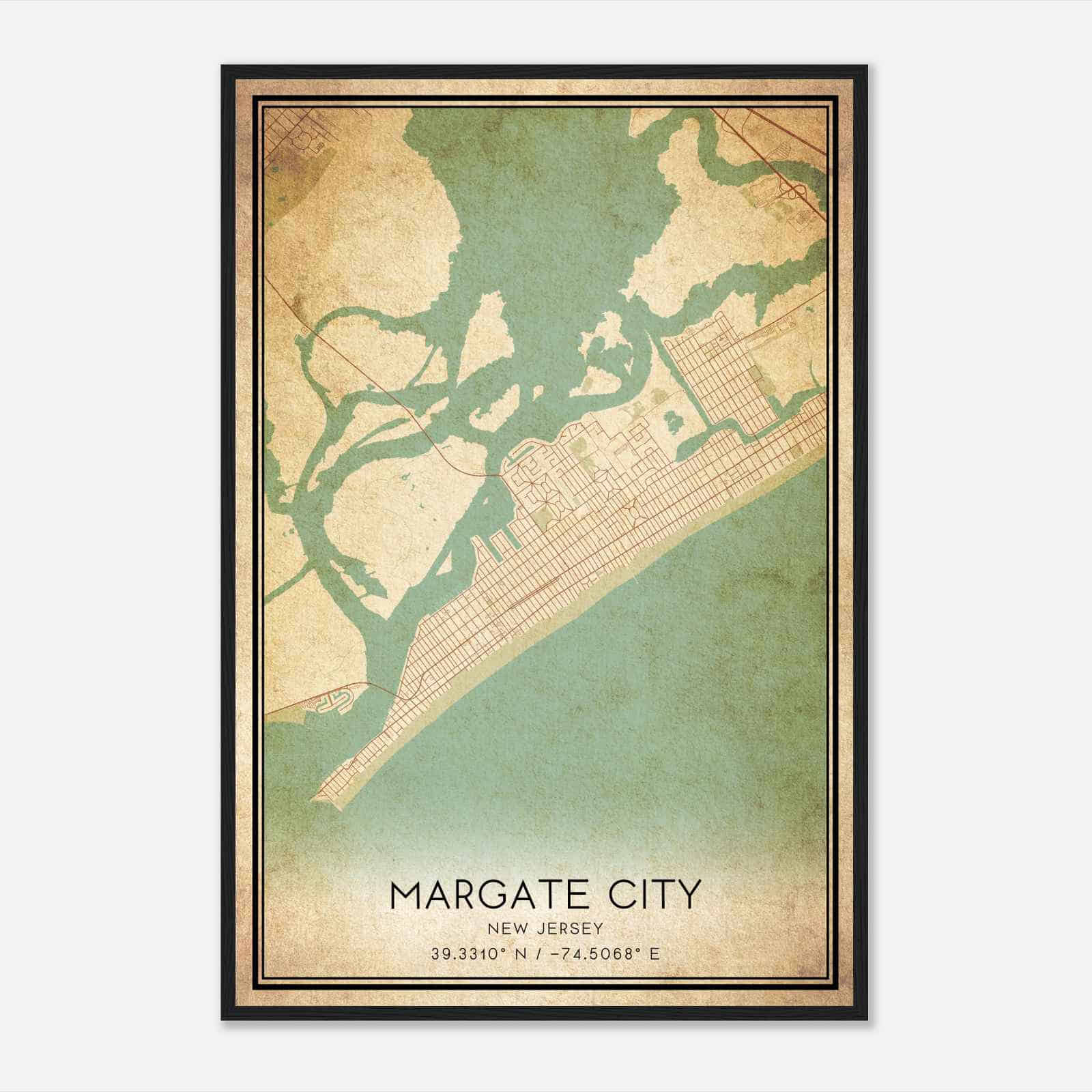 Vintage Margate City New Jersey Map Poster, Modern Home Decor Wall Art ...