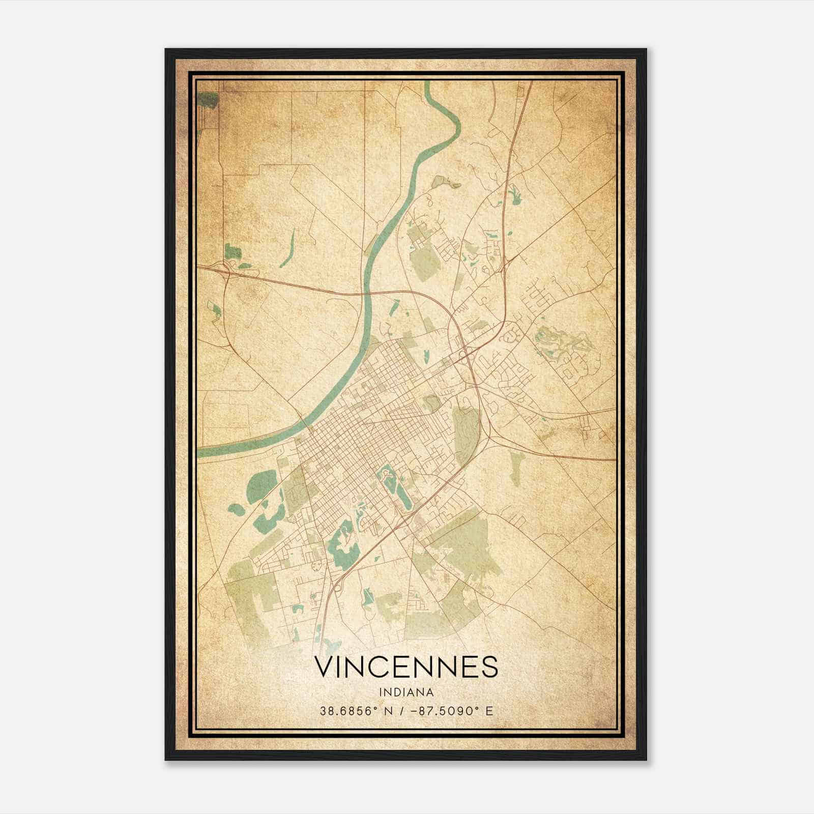 Vintage Vincennes Indiana Map Poster, Modern Home Decor Wall Art Print ...