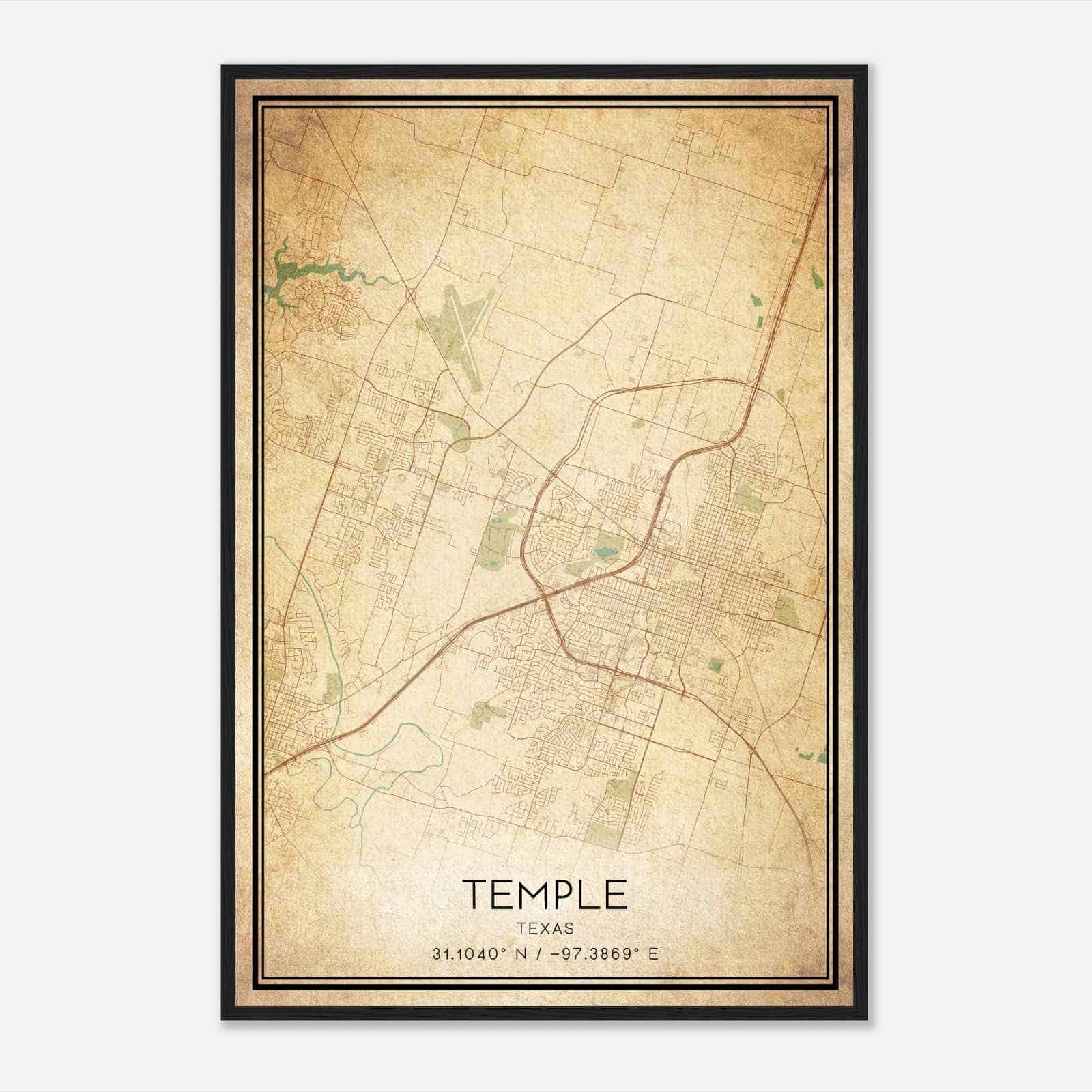 Vintage Temple Texas Map Poster, Modern Home Decor Wall Art Print ...