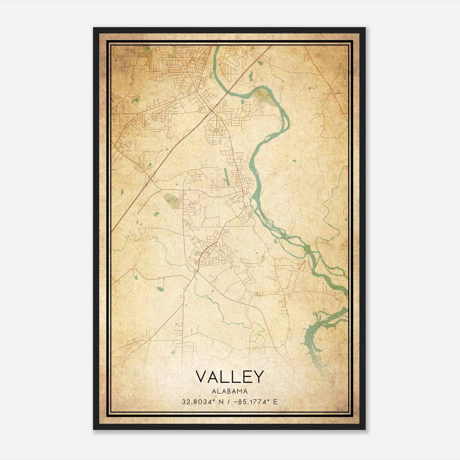 Vintage Valley Alabama Map Poster, Modern Home Decor Wall Art Print ...