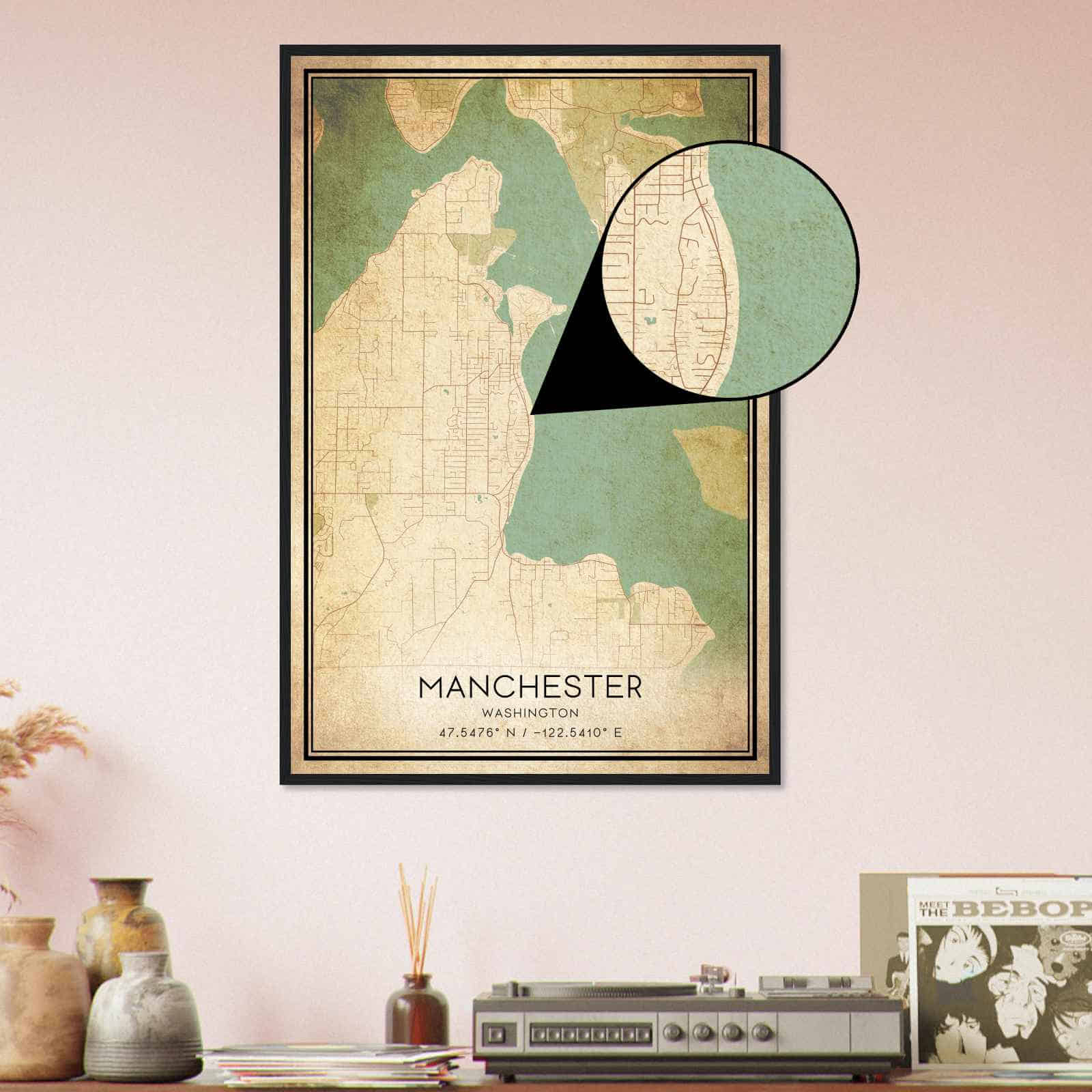 Vintage Manchester Washington Map Poster, Modern Home Decor Wall Art ...