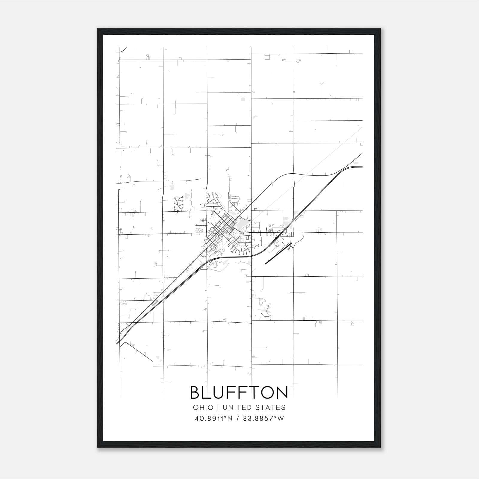 Bluffton Ohio Map Poster, Modern Home Decor Wall Art Print - Custom ...