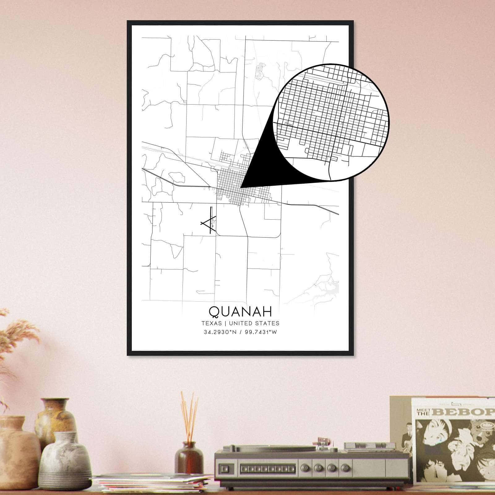 Quanah Texas Map Poster, Modern Home Decor Wall Art Print - Custom Maps ...