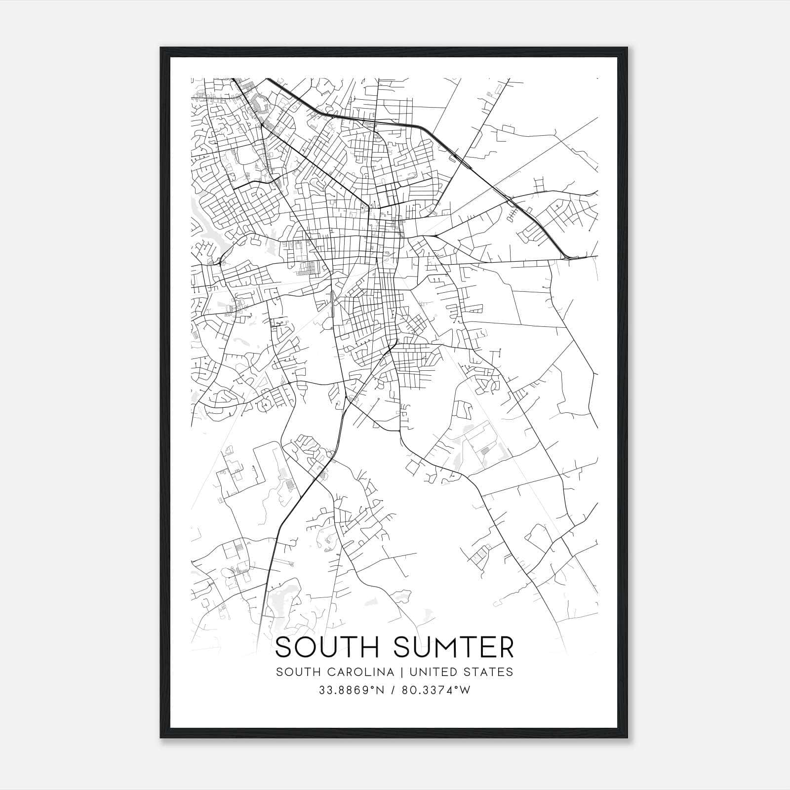 South Sumter South Carolina Map Poster, Modern Home Decor Wall Art ...